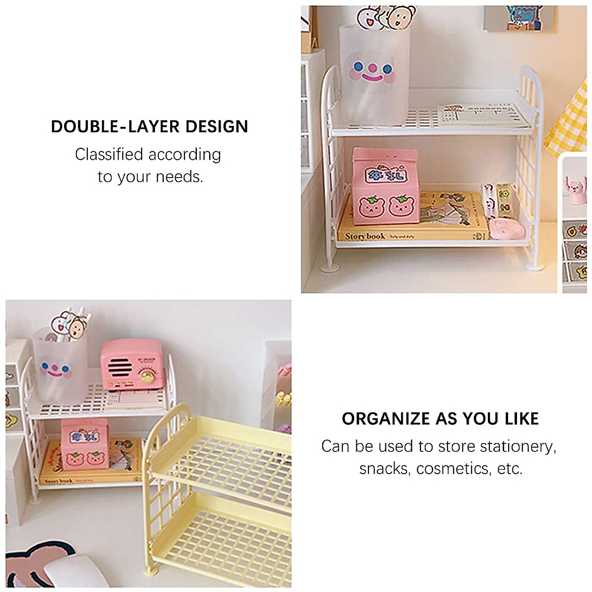 QUMENEY Desktop Rack Cosmetic Stationery Storage Holder, 2-Tier Multifunctional Plastic Shelf Makeup Organizer for Skincare Office Kitchen Bedroom Bathroom Home (Lemon Yellow)
