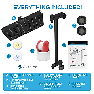 SparkPod Square Rain Shower Head with Shower Head Extension Arm - High Pressure Rain - Luxury Modern Look - No Hassle Tool-less 1-Min Installation (11" Shower Arm Extension, Elegant Brushed Nickel)