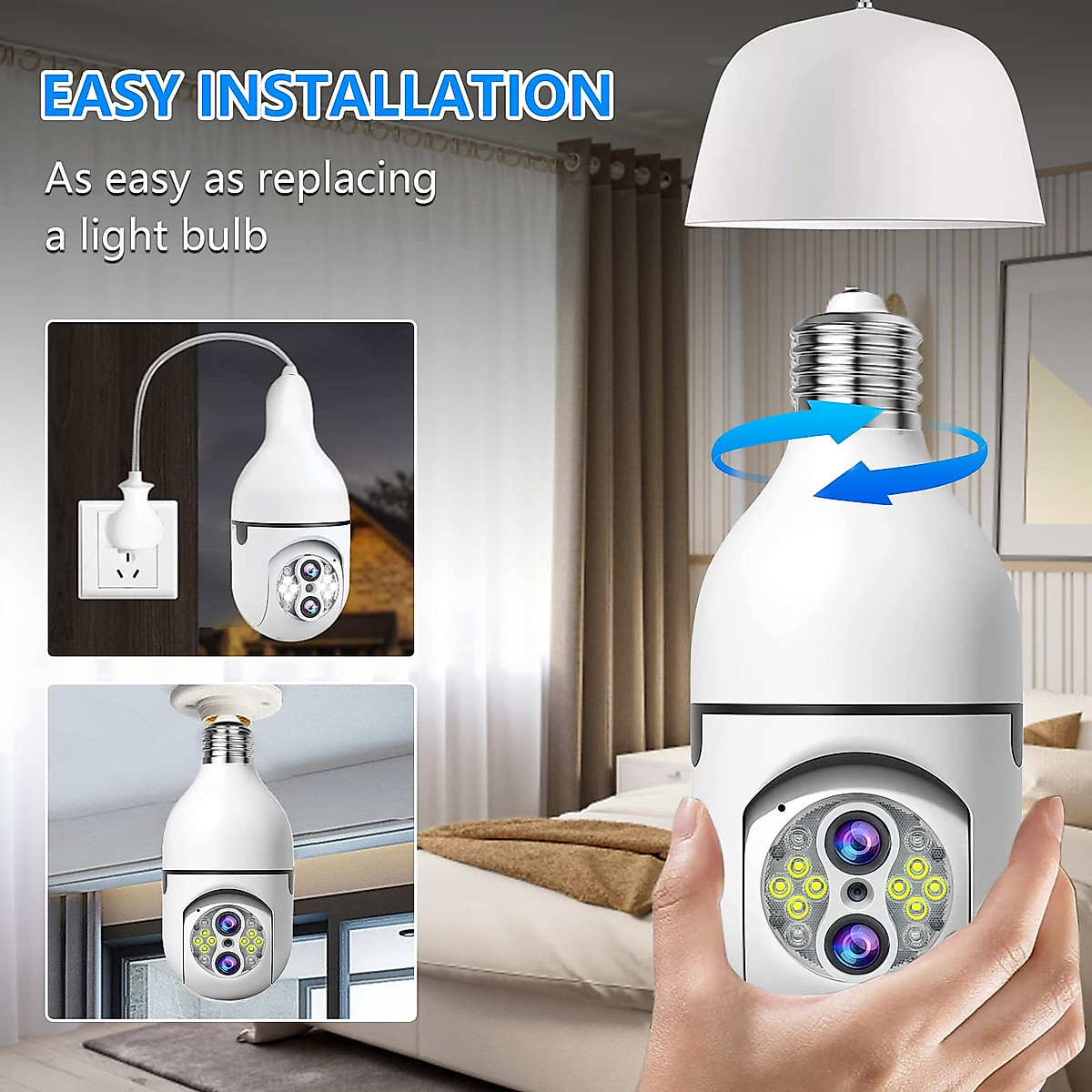 Light Bulb Security Camera, Upgrade 10X Digital Zoom Light Bulb Camera, WiFi Dual Lens Indoor Outdoor Light Socket Security Camera with APP/Color Night Vision/Motion Tracking/Two-Way Audio