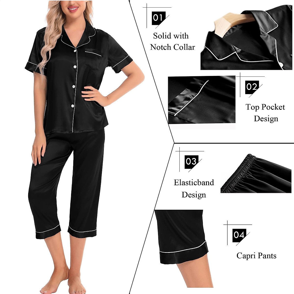 SWOMOG Satin Pajama Set Women Silk Pjs Set Short Sleeve 2 Piece Button Down Sleepwear Lounge Sets Black