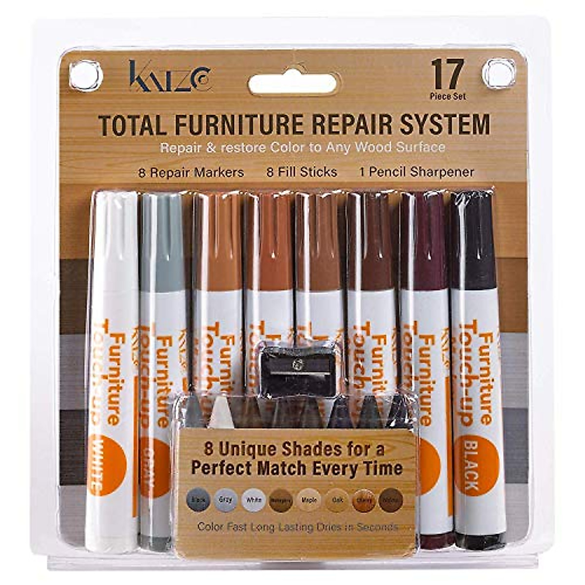 Katzco Furniture Repair Kit Wood Markers - 17 Pcs Set with Sharpener - Furniture Touch Up Markers for Floors, Bedposts, and Molding - Furniture Scratch Repair Markers - Wood Paint for Furniture