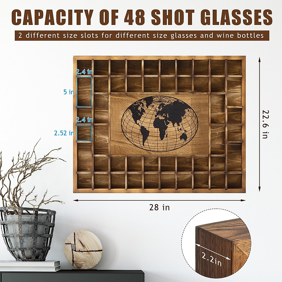 GlikCeil Large World Map 48 Slots Shot Glass Display Case 28 x 23'' Rustic Wood Shot Glass Holder for Different Size Shot Glass Shelf Organizer Wall Mount Shot Glass Storage Shadow Bar Cabinet (Brown)