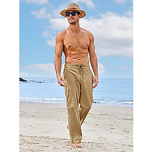 Enjoybuy Men Linen Drawstring Pants Beach Golf Elastic Waist Spring Long Casual Loose Summer Yoga Cotton Jogger Trousers 1