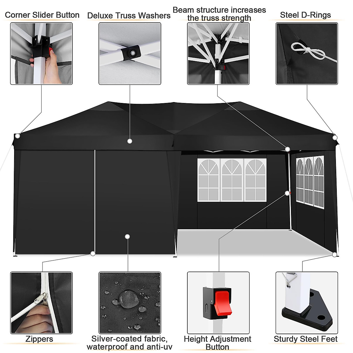 COBIZI 10x20 Pop up Canopy Tent with 6 Sidewalls, Waterproof Portable Outdoor Canopy 10x20 Ez up Instant Shelter Tent for Parties, Wedding, Backyard, Carport with Carry Bag, Stakes, Ropes, Black