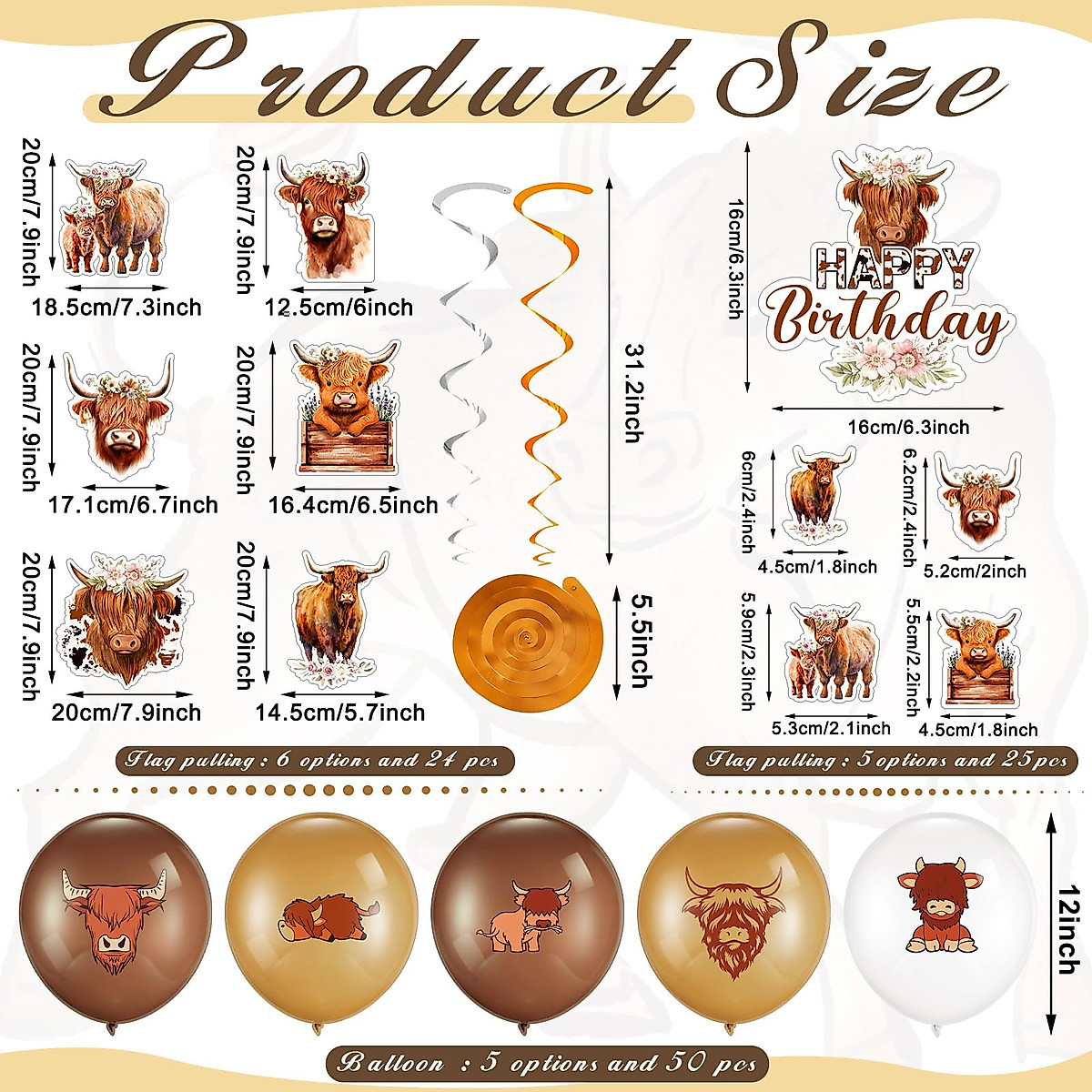 Libima 99 Pieces Highland Cow Birthday Decorations Include 25 Highland Cow Cake Toppers 50 Pcs 12 Inch Cattle Latex Balloons and 24 Highland Cow Hanging Swirls for Highland Cow Cattle Birthday Party