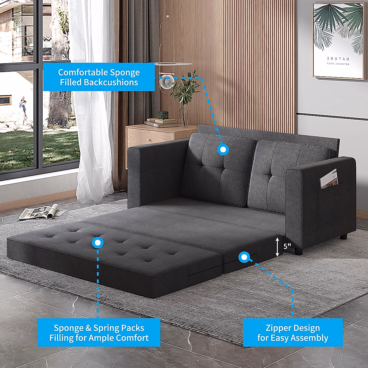 Mjkone Floor Sleeper Sofa Bed, Loveseat Pull Out Sofa Bed, 2-in-1 Folding Futon Sofa Bed with Cushion, Convertible Foldable Floor Gaming Sofa Bed for Living Room, Fold Out Sofa Bed - Dark Gray