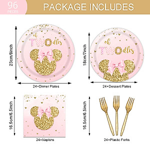 96 PCS Cartoon Mouse 2nd Plates and Napkins Party Supplies Girls Oh Twodles Mouse Happy 2nd Birthday Tableware Set Two Years Old Birthday Dinnerware Party Decorations Serve 24 Guests