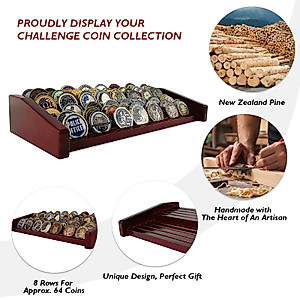 ASmileIndeep 8 Rows Military Challenge Coin Display Stand - Holds 60-70 Coins, Solid Wood Army Police Coin Rack Display Holder for Desktop, Mahogany