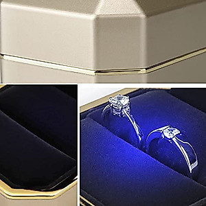 AVESON Luxury Ring Box, Square Velvet Wedding Ring Case Jewelry Gift Box with LED Light for Proposal Engagement Wedding, Gold