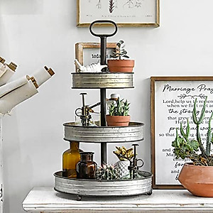 Farmhouse 3-Tiered Round Metal Tray Stand, Decorative Table Decor Serving Tray with Handle for Kitchen, Dining Room, Shelf Coffee Bar Table, Seasonal Display Tiered Tray Decor, Galvanized Gray Finish