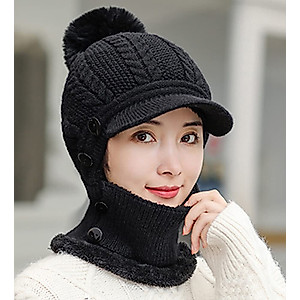 Women One Piece Slouchy Fleece Beanie Hats Scarf Mask Warm Winter Knitted Hat Thick Skull Ski Cap A-Black
