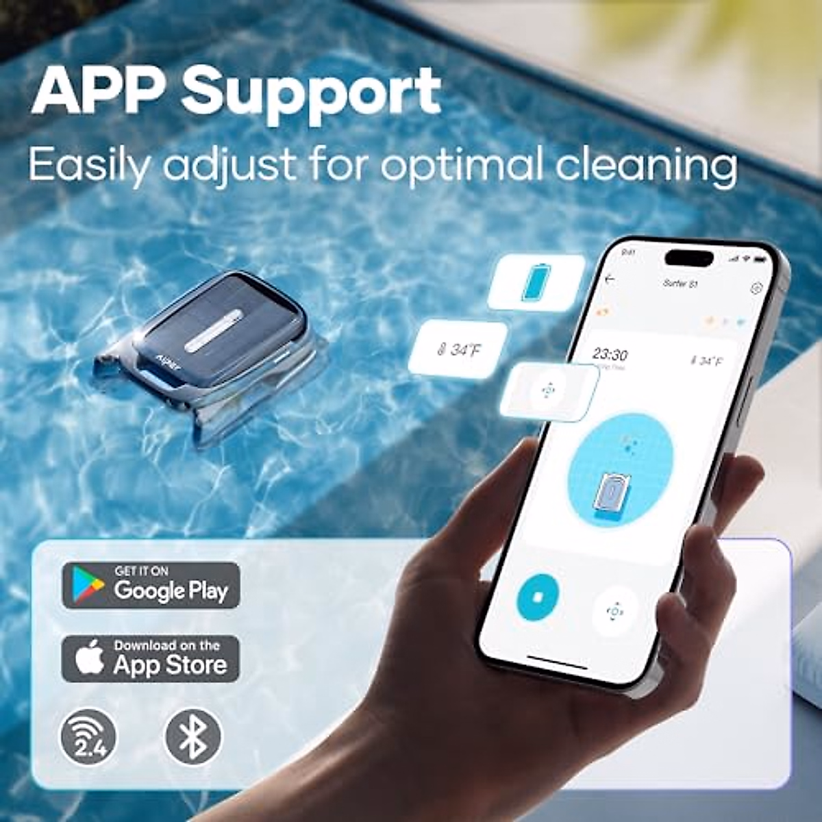 AIPER Solar Pool Skimmer Pool Surface Cleaning Robot with APP Support, Solar Powered and DC Charging for Continuous Cleaning, Pool Temperature Monitor