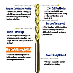 Masonry Drill Bit Set 1/8 in. Carbide Tip Golden Flute Drill Concrete Rock-10Pcs