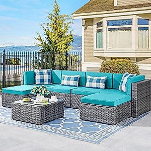 Shintenchi 7 Pieces Ottoman Outdoor Patio Sectional Sofa Couch, Silver Gray PE Wicker Furniture Conversation Sets with Washable Cushions & Glass Coffee Table for Garden, Poolside, Backyard Blue