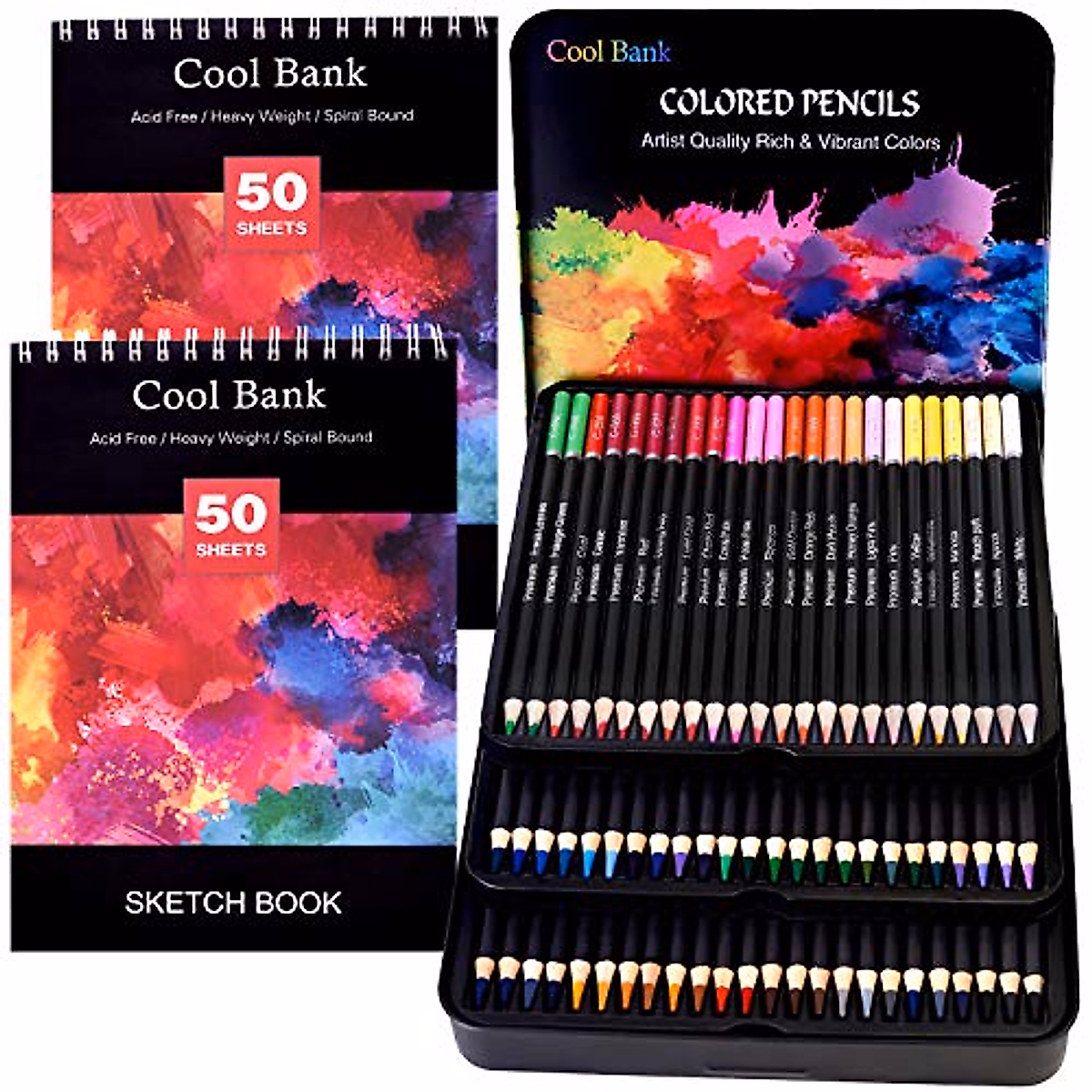 COOL BANK 72 Professional Colored Pencils, Artist Pencils Set with 2 x 50 Page Drawing Pad(A4), Premium Artist Soft Series Lead with Vibrant Colors for Sketching, Shading & Coloring in Tin Box
