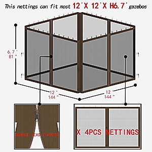 12-ft x 12-ft Gazebo Netting Replacement,Universal 4-Panel Mosquito Netting for Gazebo with Zippers(Only Netting)-Brown