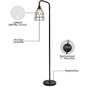VONLUCE Industrial Floor Lamp Black, Rustic Cage Reading Floor Lamp with Heavy Metal Based Mid-Century, 62" Farmhouse Style Modern Standing Light for Bedroom, Living Room, Office