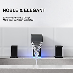RUMOSE LED Bathroom Faucets Set Matte Black 8 inch Bathroom Sink Faucet 3 Hole with Pop Up Drain Widespread Lavatory Waterfall Vanity Faucet with 3 Colors Light Changing Stainless Steel Deck Mounted