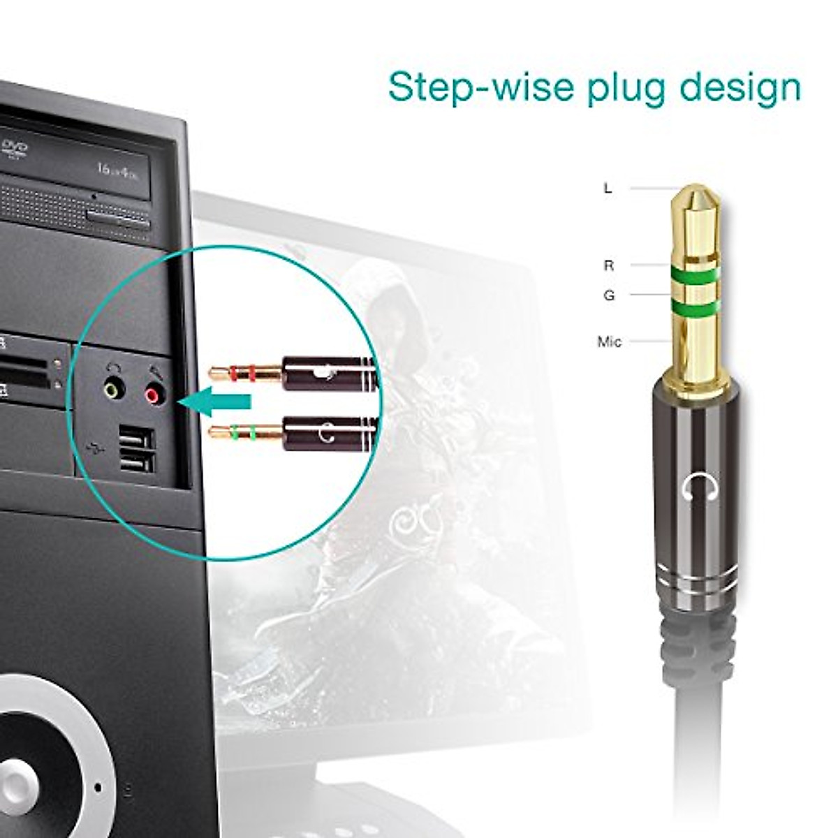 KINGTOP Headset Splitter Cable 3.5mm Female to 2 Male for PC Computer and Old Version Laptop