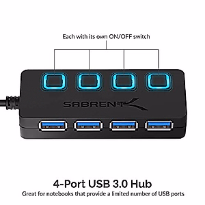 SABRENT 4 Port USB 3.0 Hub with Individual LED Lit Power Switches, Includes 5V/2.5A Power Adapter (HB-UMP3)