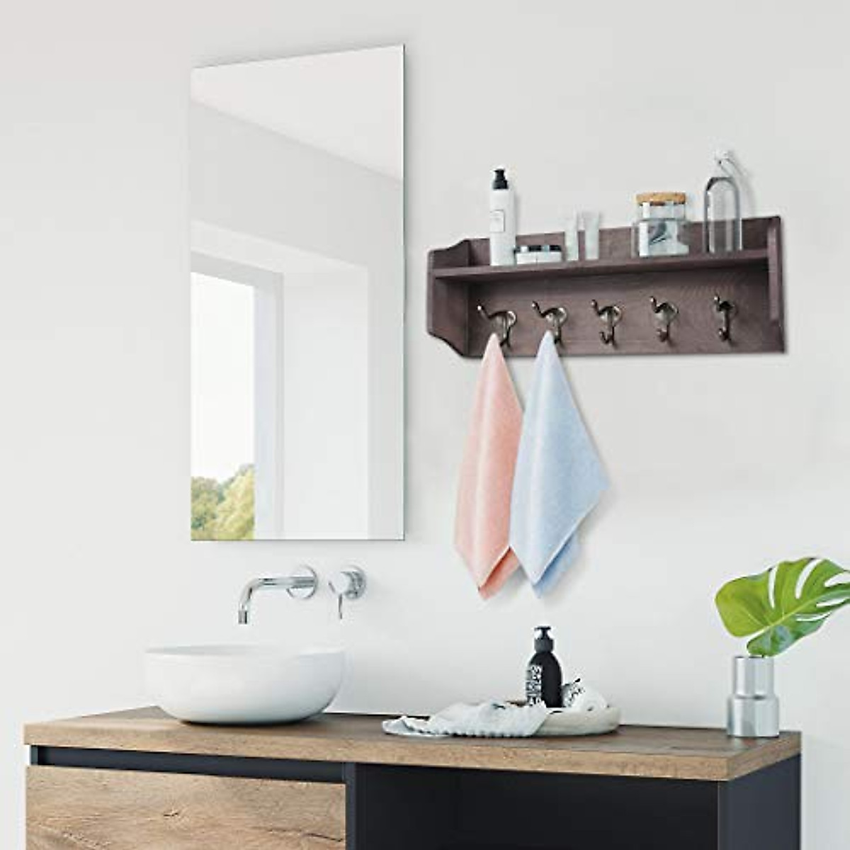 LAVIEVERT Coat Hooks with Storage Shelf Wall-Mounted, Rustic Wood Hanging Coat Rack with 5 Vintage Metal Hooks for Entryway, Living Room, Kitchen, Bathroom