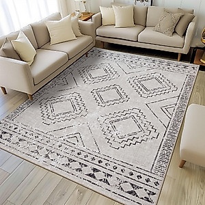 ILANGO Area Rugs 5x7, Moroccan Grey Rugs for Living Room Machine Washable Area Rugs Dedroom with Rubber Backing Non Slip Carpet for Farmhouse Dining Room, Ultra-Thin, Foldable, Easy Clean