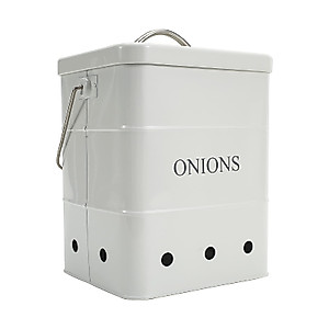 Xbopetda Onion Storage Bin, Metal Storage Tin for Onion, Kitchen Storage Canister with Aerating Tin Storage Holes - Kitchen Pantry Organizer Tin Vegetable Fresh Keeper (White)