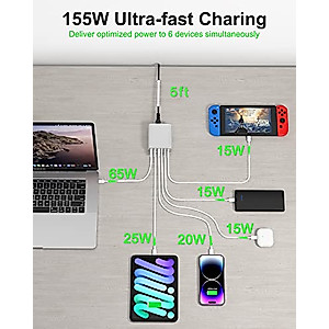 USB C Charger, 155W 6-Port Fast USB C Charging Station, Portable USB C Wall Charger, USB C Power Adapter for MacBook Pro/Air Series, iPhone 14/13/12/Mini/Pro/Pro Max, Samsung Galaxy Note, and More