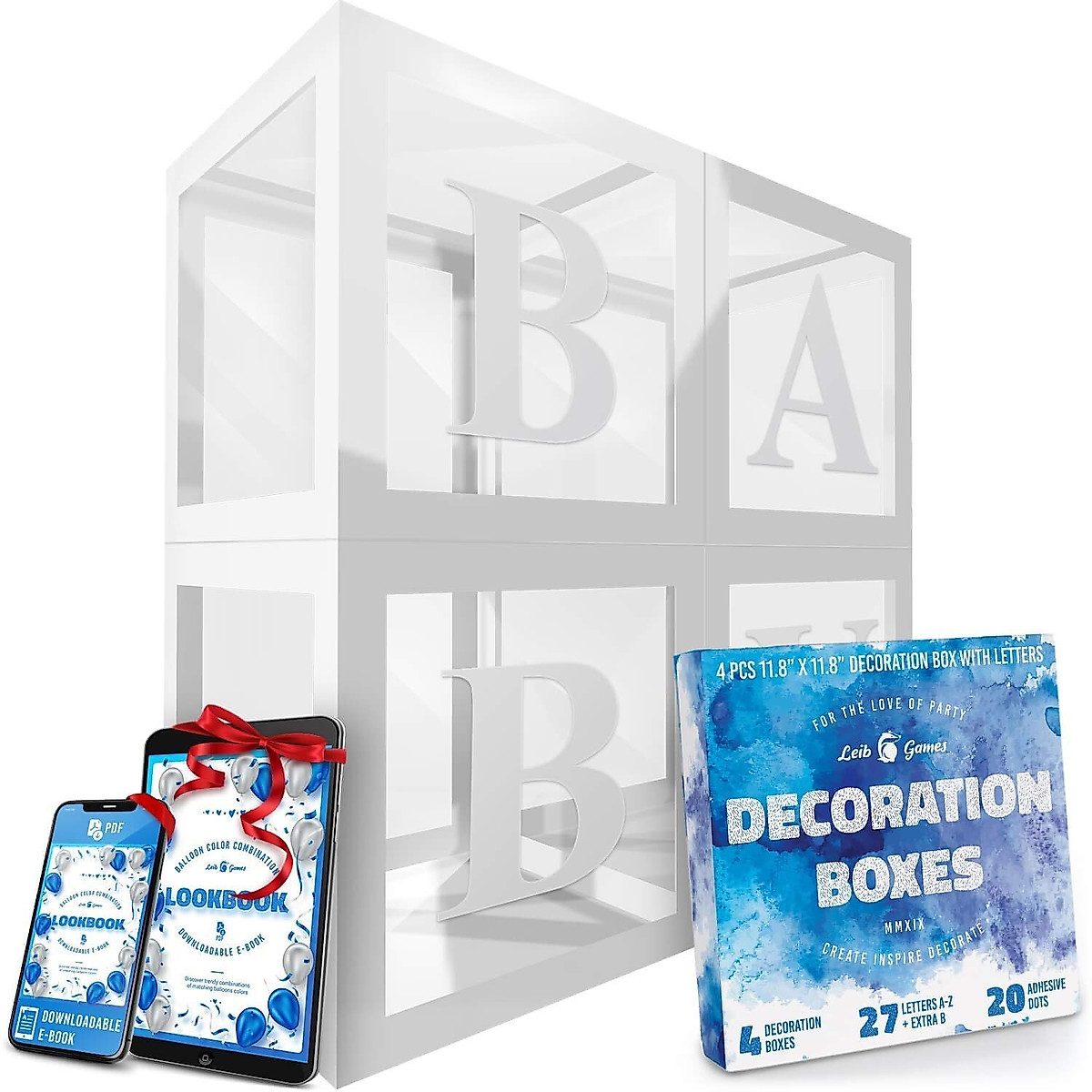 Transparent Balloon Boxes With 27 Letters - Baby Shower Decorations For Baby Boy Or Girl - 1st Birthday, Bridal Shower, Gender Reveal Party Decoration Balloon Box - Reusable Favors In Giftbox