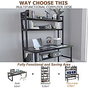 Aquzee Computer Desk with Hutch and Bookshelf, 47 Inches Black Home Office Desk with Space Saving Design, Metal Legs Table Desk with Upper Storage Shelves for Study Writing/Workstation, Easy Assemble