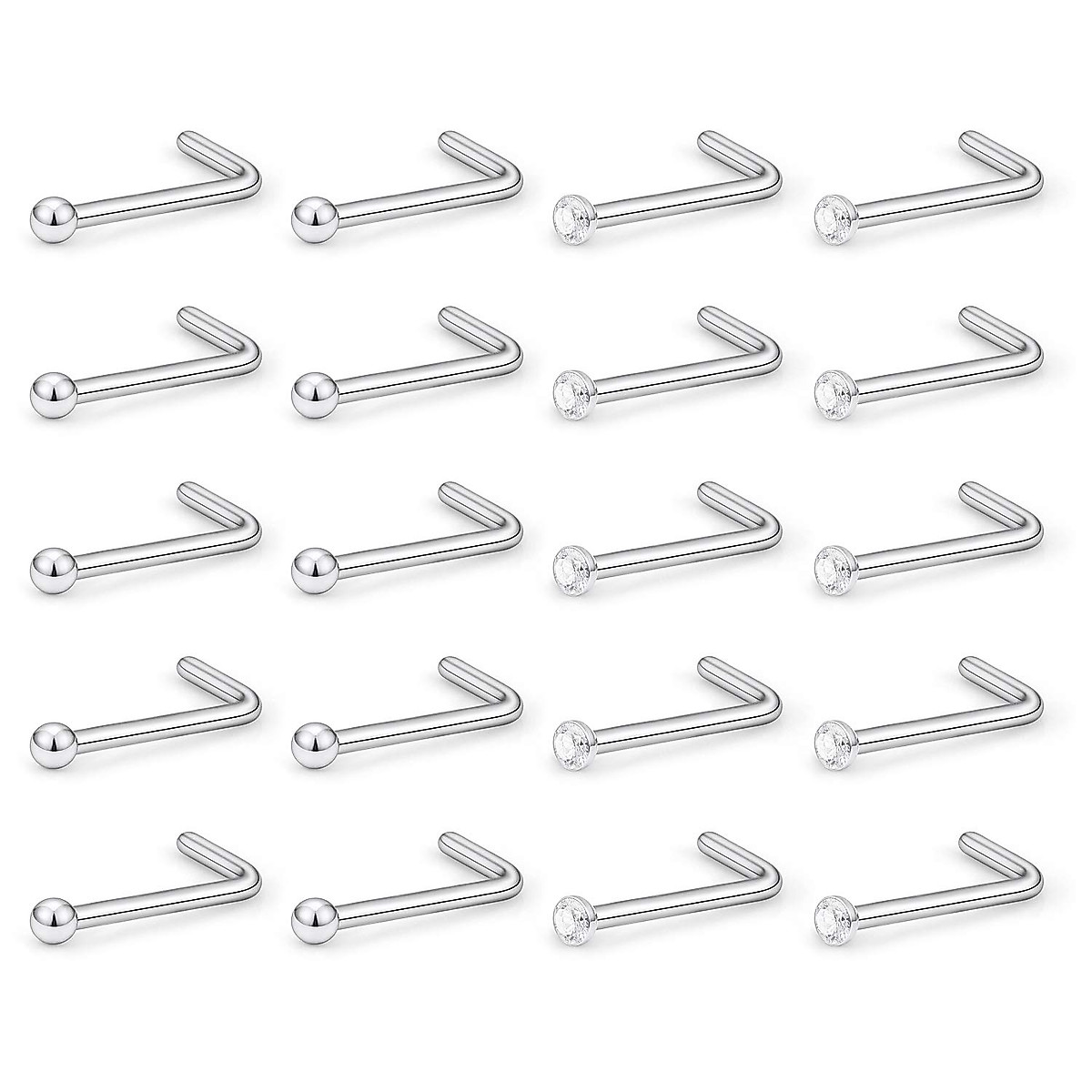 Ftovosyo L Shaped Nose Rings 22G Surgical Steel Nose Studs Clear Diamond CZ Curved Bend Piercing Jewelry 20 Pieces 1.5mm