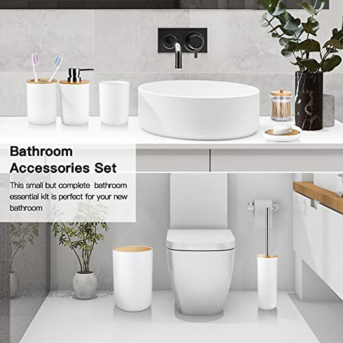 Otostar Bamboo Bathroom Accessory Set 6 Piece Bathroom Accessories Set Plastic Gifts Bath Set with Toothbrush Holder Soap Dispenser Qtip Holder Tumbler Soap Dish Toilet Brush Holder Trash Can (White)