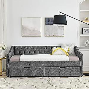 EMKK Twin Size Daybed with Drawers Upholstered Tufted Sofa Bed, with Button on Back and Copper Nail on Waved Shape Arms,Storage Platform Bed for Kids Teens and Adults