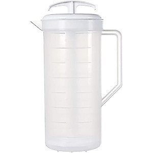 JBK Pottery - Mixing Pitcher for Drinks, Plastic Water Pitcher with Lid and Plunger with Angled Blades, Easy-Mix Juice Container, 2-Quart Capacity (White, One)