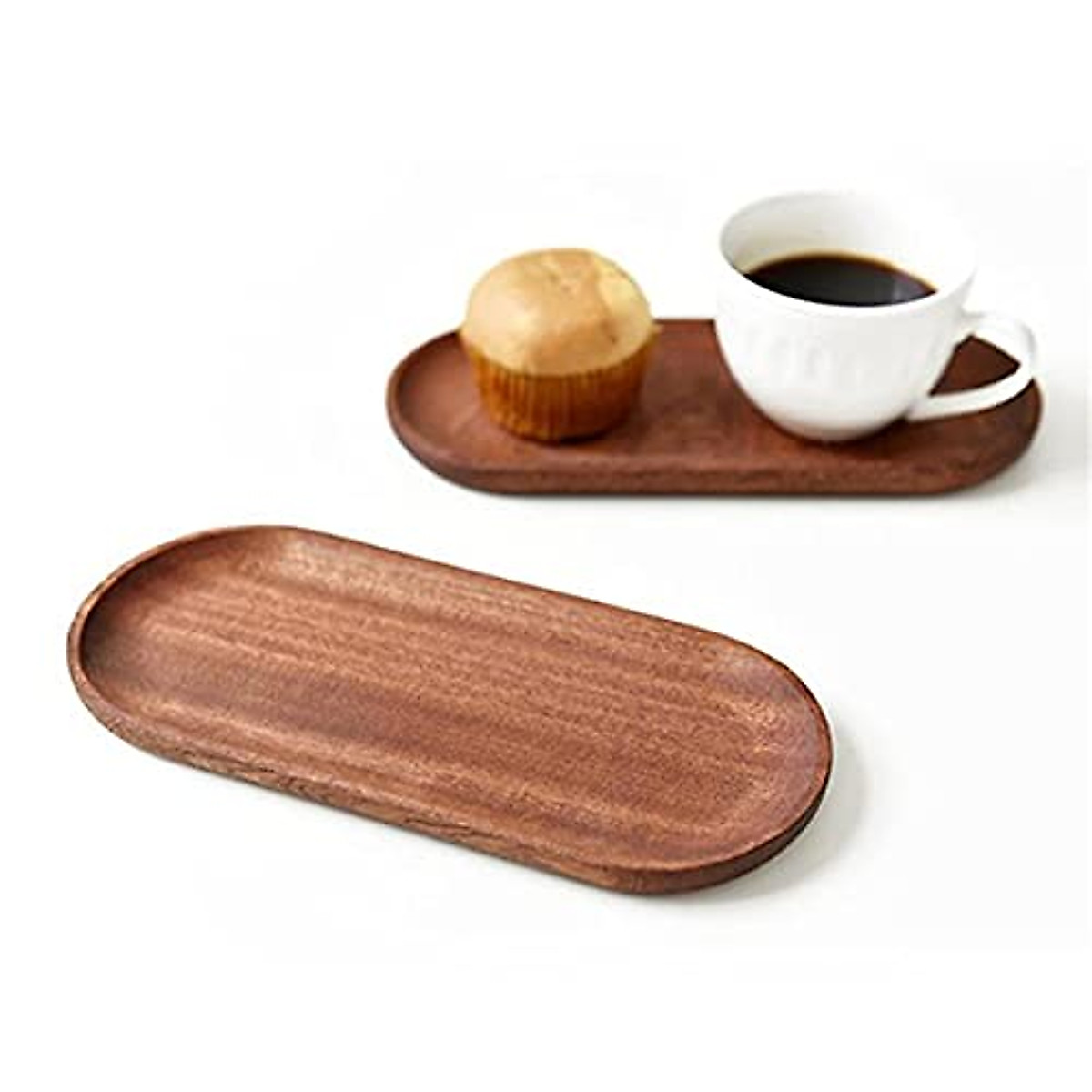 Mini Serving Tray for Jewellery Key Coin Set of 2, Oval Ebony Wood Natural Dessert Cup Tray, Small Wooden Cheese Plate, Tableware Decorative Tray (2)