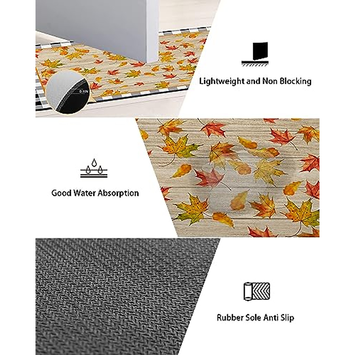 Orange Maple Leaf Bath Mat for Tub,Non Slip Bathroom Floor Runner Rug Quick Dry & Absorbent Diatomaceous Earth Kitchen Shower Sink Washable Doormat,Autumn Fall Leaves Rustic Black White Plaid 20"x32"