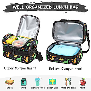 Kasqo Lunch Box Bag for Boys, Insulated Cooler Bag Kids Lunch Tote with Dual Compartments, Black Dinosaur