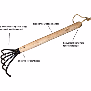 Garden Guru Hand Rake Cultivator Claw Soil Tiller - Military Grade Steel - Rust Resistant - 5 Tine Japanese Ninja Claw - Comfortable Wood Handle - Perfect Pulverized and Aerated Soil (2 Pack)