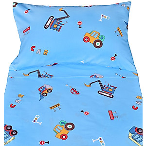 J-pinno Cars Vehicles Digger 100% Cotton 3 Pieces Cartoon Toddler Sheet Set for Kids Boys, Flat Sheet Fitted Sheet and Pillowcase, Cozy Breathable Unisex Nursery Crib Bedding Set (Blue Excavator)