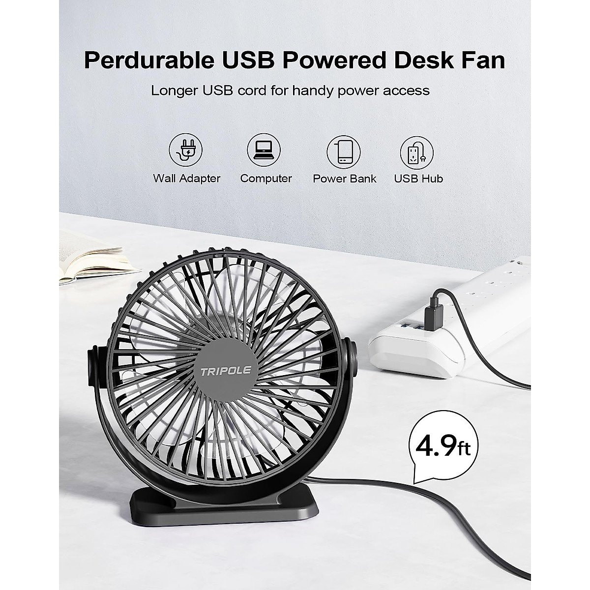 TriPole Small Desk Fan USB Powered Portable Fan 3 Speeds Strong Airflow Mini Fan 360°Rotation Personal Fan 5.1 Inch Table Fan for Home Office Bedroom Desktop, Black, 4.9ft Cable