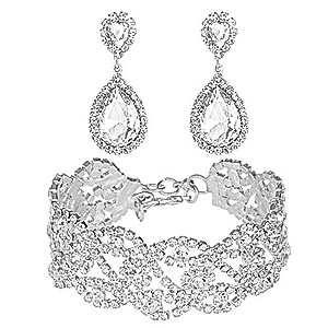 Miraculous Garden 2 Pack Silver Plated Crystal Rhinestone Teardrop Drop Dangle Earrings Link Bracelet Jewelry Set for Women
