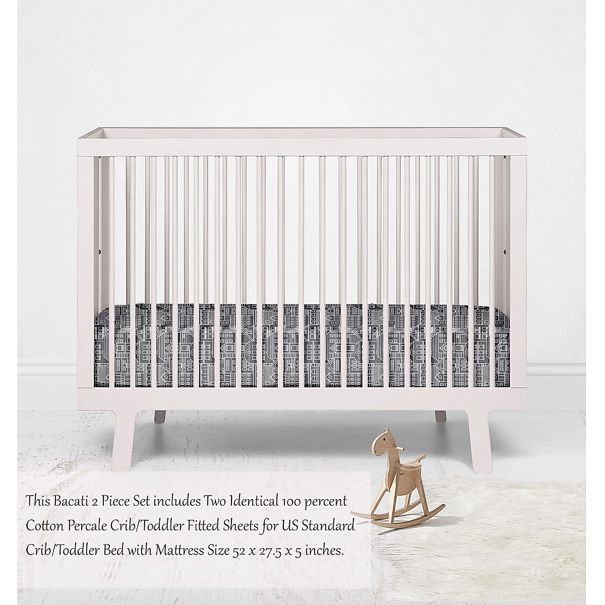 Bacati - Clouds in The City Grey Cityscape 2 Pack 100% Cotton Percale for US Standard Crib/Toddler Bed Fitted Sheets, White/Grey (CCWGCT2CS)