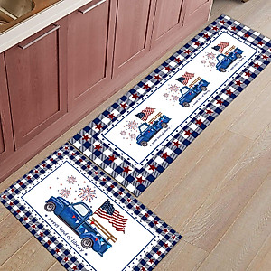 July 4th Kitchen Rugs Sets 2 Piece Floor Mats Independence Day Buffalo Plaid Blue Truck Stars Doormat Non-Slip Rubber Backing Area Rugs Carpet Inside Door Mat Pad Sets-15.7" x 23.6"+15.7" x 47.2"