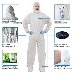 VVicogard Protective Overalls Disposable Coveralls, Front Zipper Elastic Waistband & Cuffs Ankles, SMS Isolation Coverall Suit with Hood for Hospitals, Laboratories, Medical