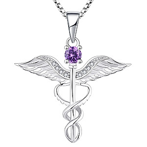 YL Caduceus Necklace 925 Sterling Silver Doctor Nurse Themed Pendant Created Amethyst/Cubic Zirconia Angel Wings Snake Jewelry for Women
