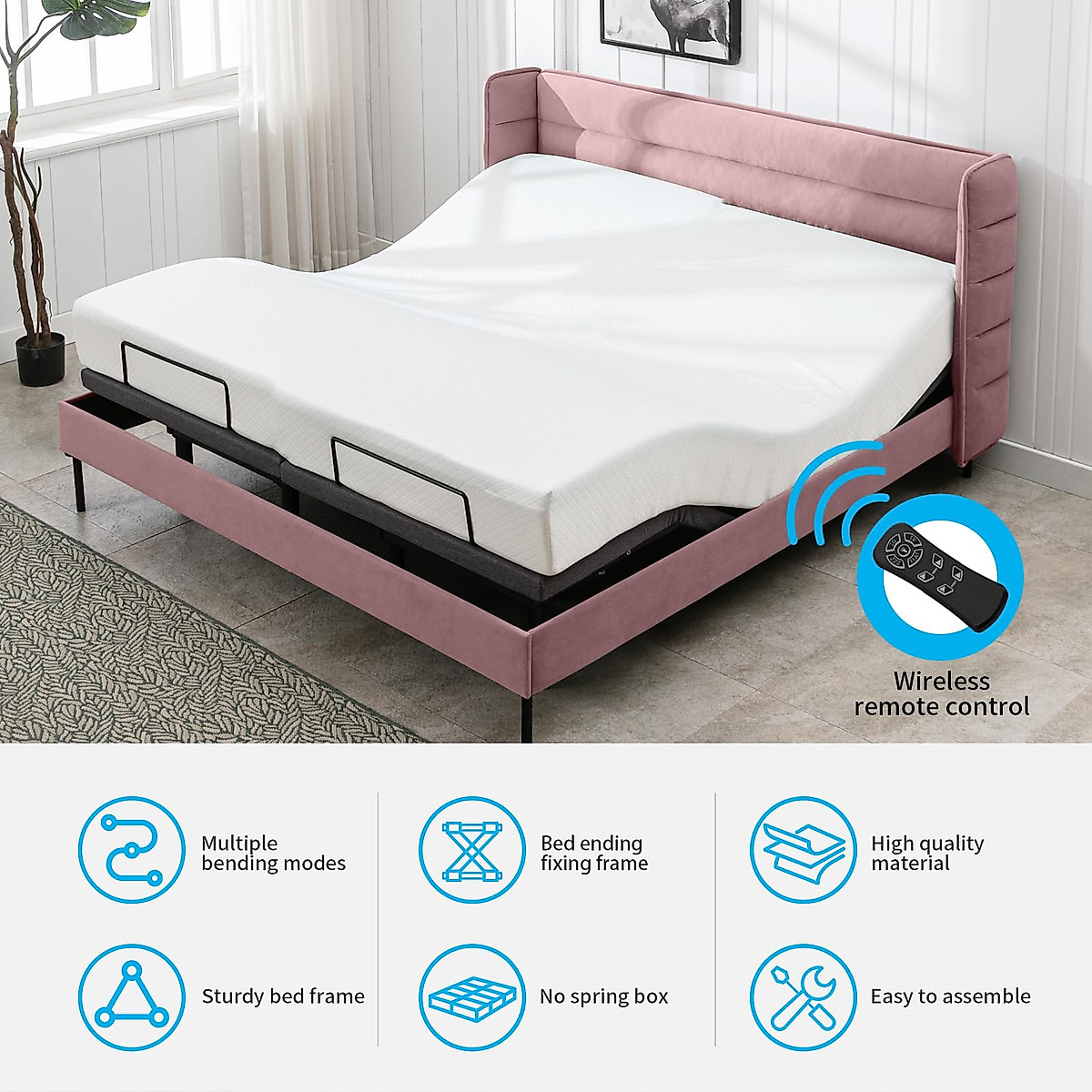 Mjkone Ergonomic Queen Size Adjustable Bed Frame Base, Zero Gravity Adjustable Bed w/Head and Foot Incline, Zero Clearance, Wireless Remote Control, Anti-Snore, Platform Frame Compatible, Light Grey