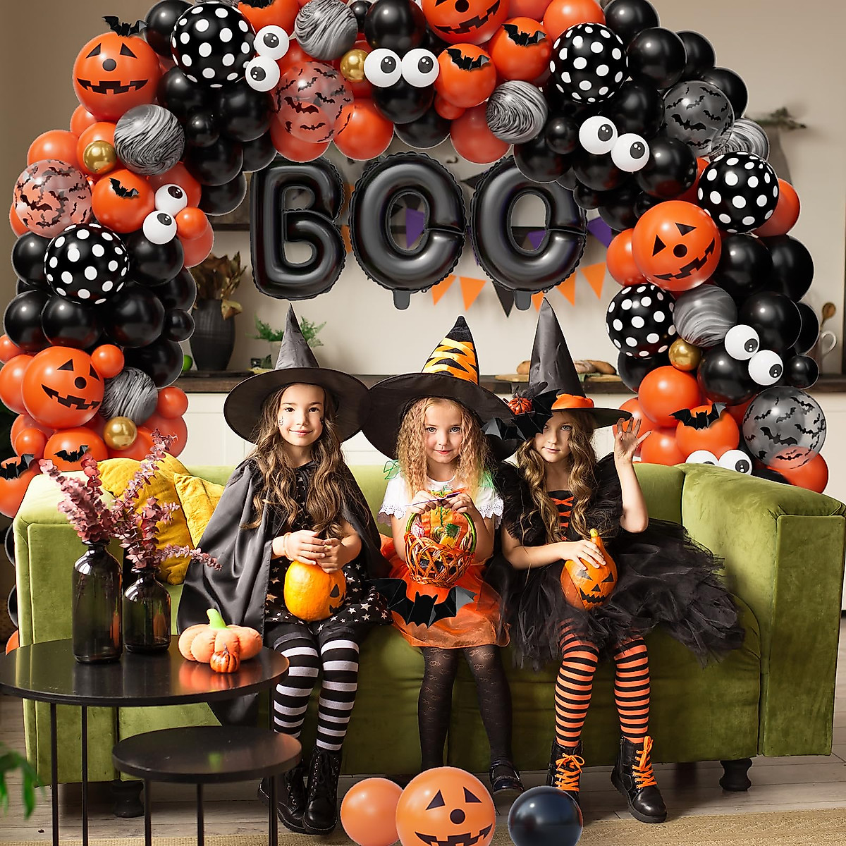 AobkDeco 141 PCS Halloween Balloons Arch kit Black Orange Gold Eyes Balloons Halloween Balloon with BOO Balloons,3D PVC Bats and Marble Agate for Halloween Theme Party Supplies Haunted House Parties