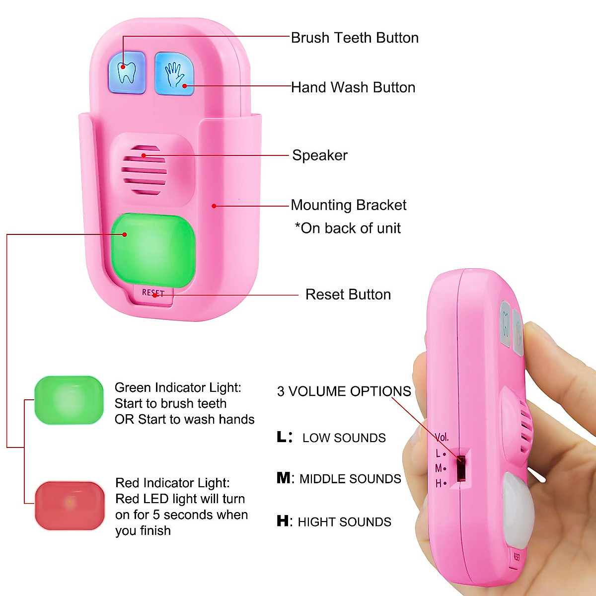 BIGMONAT Hand Washing Timer for Kids, Musical Teeth Brushing Timer for Boy and Girl, Stick on Bathroom Timer for Children Training Coach, AAA Battery Operated, 12 Songs, Sound Volume Adjustable Pink