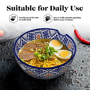 American Atelier Ramen Bowl with Chopsticks | Set of 2 | Soup Bowls for Kitchen | Udon Noodle Bowls with Chopsticks | Stoneware Soup Bowl | 6" Diameter (21 Oz) - Medallion Blue & Orange Design