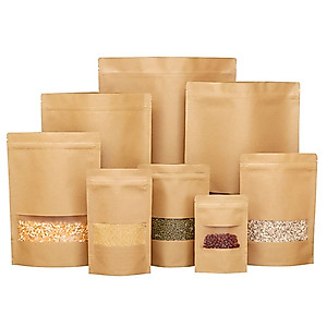 50 pcs Kraft Bags with Window Stand Up Ziplock Seal Paper Bag Resealable Large Food Storage Pouch 10x14in
